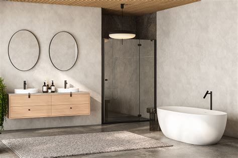 더블 세면대와 거울이 있는 현대적인 베이지색 욕실 인테리어 콘크리트 바닥의 카펫 욕조 샤워 공간 식물 호텔 스튜디오의 목욕 액세서리와 창문 모형 3d 렌더링 0명에 대한