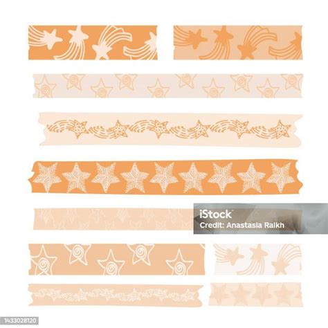 다양한 손으로 그린 디자인의 스카치 테이프 스트립의 큰 세트 다른 패턴을 가진 파스텔 별 스카치 테이프 스티커 벡터 일러스트레이션 가장자리에 대한 스톡 벡터 아트 및 기타