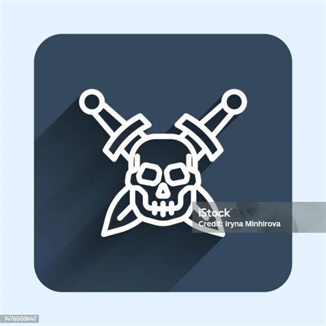 흰색 선은 긴 그림자 배경으로 격리된 해골 아이콘이 있는 중세 검을 건넜습니다 중세 무기 파란색 사각형 버튼 벡터 강철에 대한 스톡 벡터 아트 및 기타 이미지 Istock