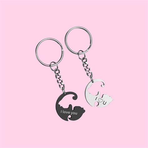 Personalized Keychain Couple Engraved Cute Puzzle Cat Pendant Set Valentines Day T Long