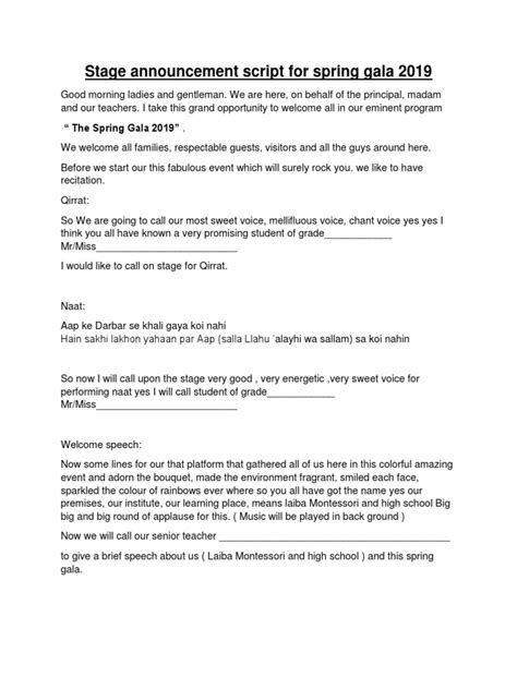 Stage Announcement Script For Spring Gala 2019 Pdf Leisure
