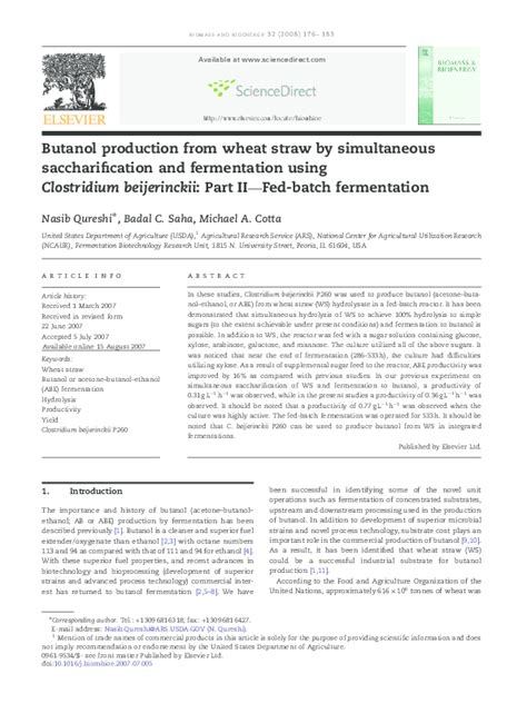 Pdf Butanol Production From Wheat Straw By Simultaneous Saccharification And Fermentation