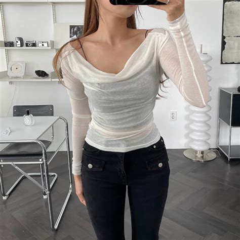 블루비 발레코어룩 시스루 셔링 오프숄더 티셔츠 3col