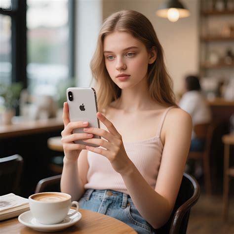 Jimeng 2025 06 03 792 欧美模特，苹果手机，女生，半身，手机露出完整背面，手指纹理清晰，穿着可爱，简约，在咖啡厅 花瓣网