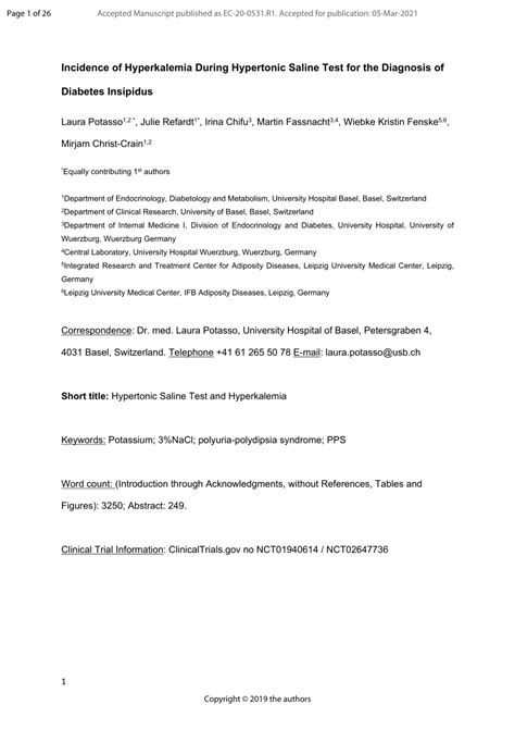 Pdf Incidence Of Hyperkalemia During Hypertonic Saline Test For The