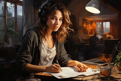 Premium Photo Serene Portrait Of A Woman At Her Workspace Working On Textbook Created With