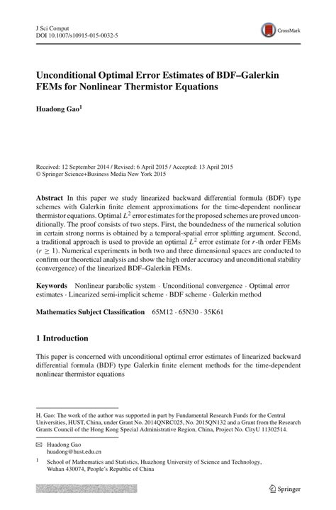 Pdf Unconditional Optimal Error Estimates Of Bdf Galerkin Fems For Nonlinear Thermistor Equations