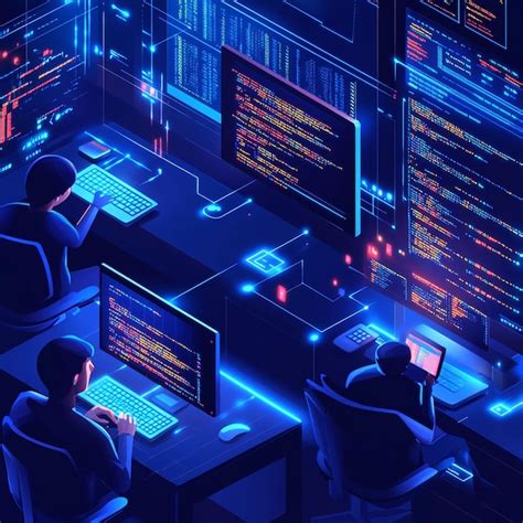 Programmers Working On Code Surrounded By Computers And Screens With Complex Algorithms