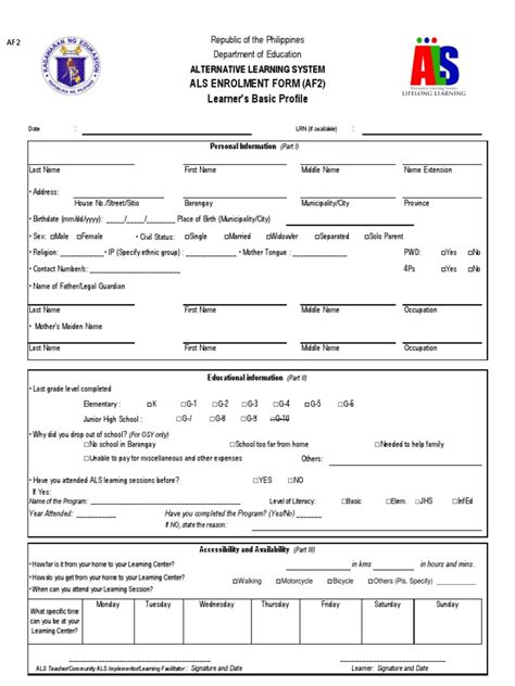 Als Enrolment Form Af2 Learners Basic Profile Republic Of The Philippines Department Of