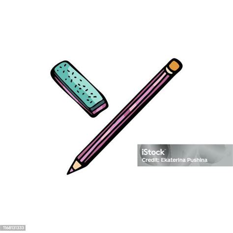 연필과 지우개 흰색 배경에 격리 벡터 그리기 귀엽고 다채로운 일러스트의 만화 낙서 예술의 재미있는 작품 손으로 그린 스케치 로고 디자인 기호 엠블럼 스티커 가을에 대한 스톡