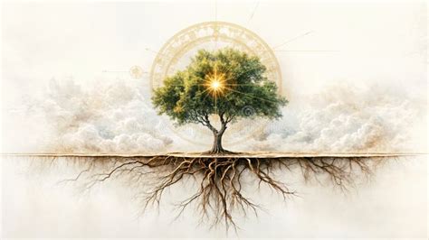 Ancient Tree With Deep Roots And Radiant Star Symbol Against Mystical Cloud Background Ancient