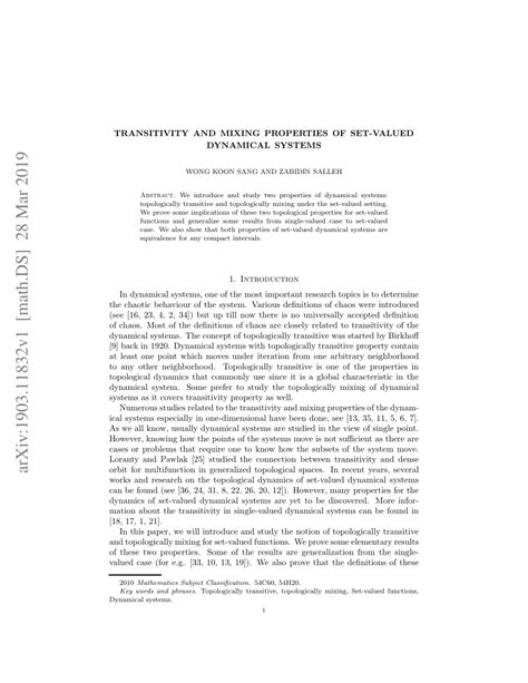 Pdf Transitivity And Mixing Properties Of Set Valued Dynamical Systems