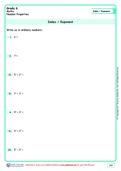 Worksheet Grade 6 Math Index Exponent
