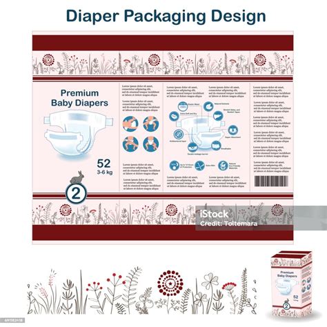 기저귀 포장 디자인 요소 낙서 숲 스타일 크기 2 꽃 테두리와 토끼 기저귀 Pakaging 디자인 기저귀에 대한 스톡 벡터 아트 및 기타 이미지 Istock