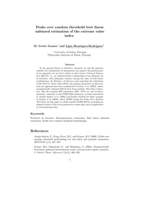 Pdf Peaks Over Random Threshold Best Linear Unbiased Estimation Of The Extreme Value Index