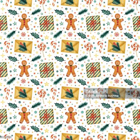 수채화 전통적인 크리스마스 요소 원활한 패턴 진저 브레드 남자 공예 편지 봉투 선물 상자 과자 홀리데이 핸드 그린 배경 겨울에 대한 스톡 벡터 아트 및 기타 이미지 Istock