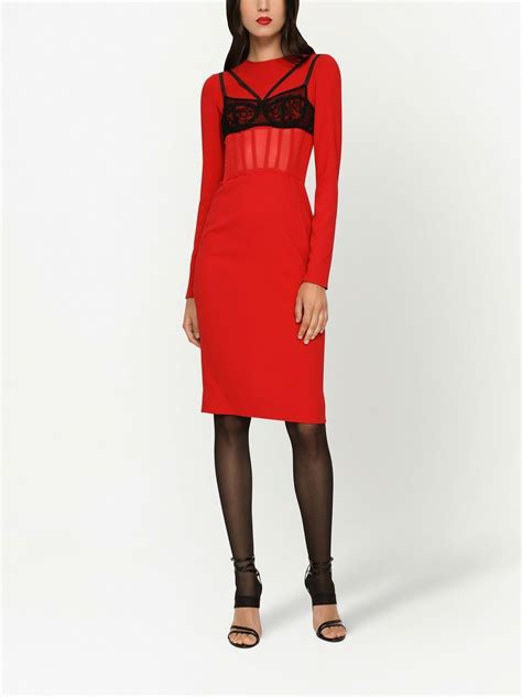 Dolce And Gabbana Bra Detail Long Sleeve Midi Dress In Red Modesens