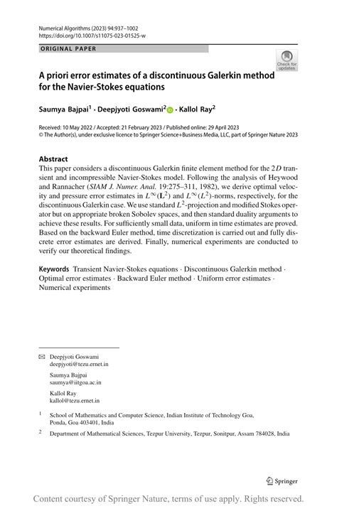 A Priori Error Estimates Of A Discontinuous Galerkin Method For The Navier Stokes Equations