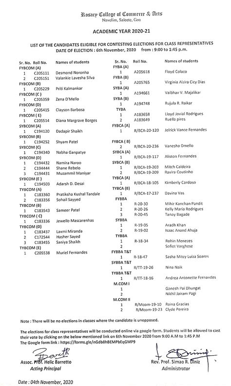 Class Representative Elections Rosary College Of Commerce And Arts