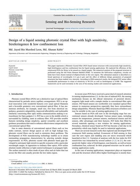 Pdf Design Of A Liquid Sensing Photonic Crystal Fiber With High Sensitivity Bireferingence