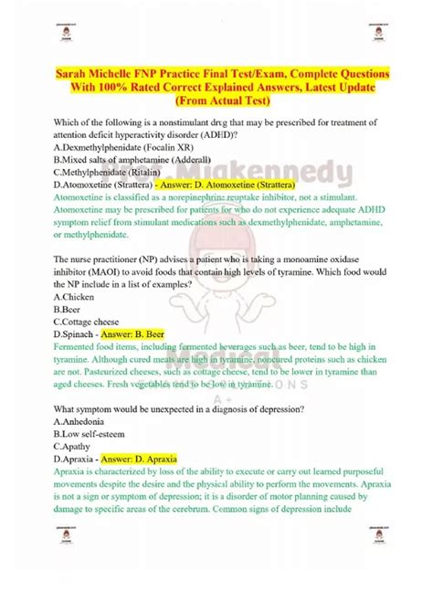 Sarah Michelle Fnp Practice Final Test Exam Complete Questions With 100 Rated Correct
