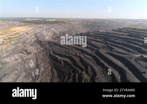 Panorama Aerial View Shot Open Pit Mine Coal Mining Dumpers Quarrying Extractive Industry