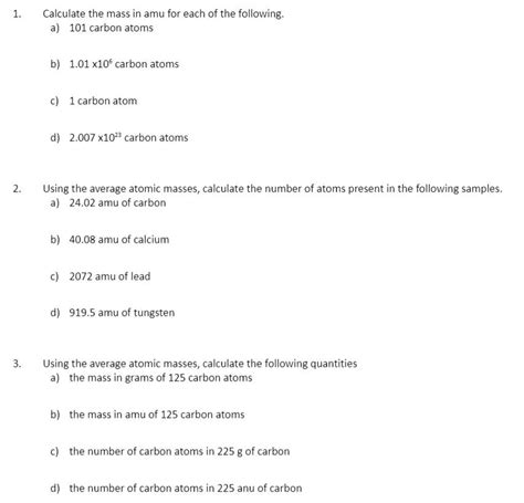 Solved 1 Calculate The Mass In Amu For Each Of The Chegg Com