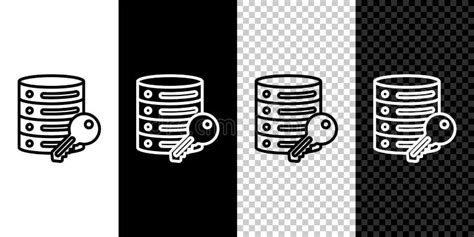 Set Line Server Security With Key Icon Isolated On Black And White Background Security Safety
