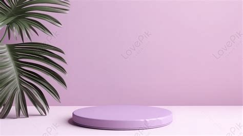 최소한의 평면 배치 배경에 파스텔 보라색 제품 디스플레이와 팜 리프가 있는 세련된 3d 스탠드 제품 디스플레이 배경 리프 배경 제품 배치 배경 이미지 Hd 제품