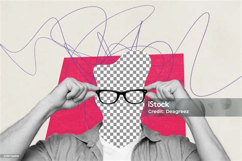 크리 에이 티브 콜라주 그림 그림 블랙 화이트 필터 캐리커처 머리가없는 벗다 안경 알 수없는 핑크 사각형 베이지 색 낙서 배경 강렬하고 밝은 색상에 대한 스톡 사진 및 기타