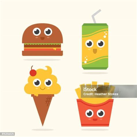 면 감자 튀김 탄산 음료 햄버거와 아이스크림 콘와 귀여운 음식 이모티콘에 대한 스톡 벡터 아트 및 기타 이미지 이모티콘 햄버거 류 귀여운 Istock
