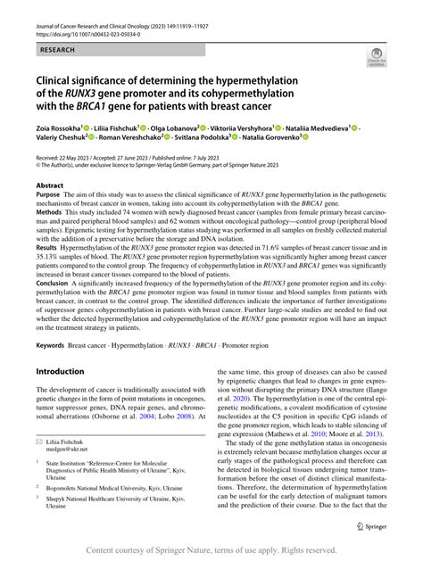 Clinical Significance Of Determining The Hypermethylation Of The Runx3