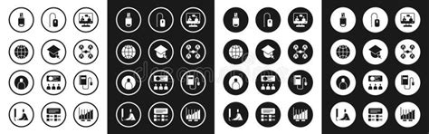 Set Online Education Graduation Cap Globe Social Network Usb Flash