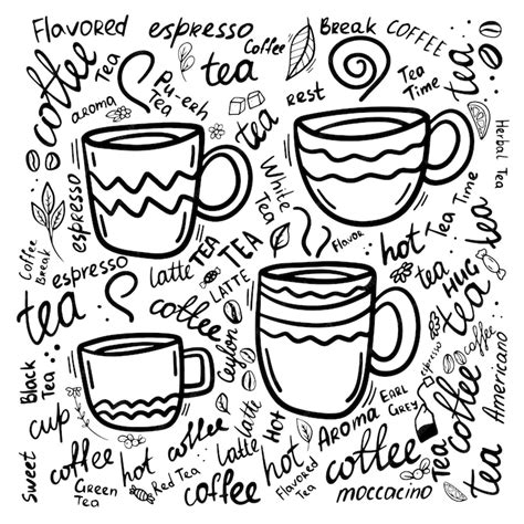 차 또는 커피 컵 벡터 낙서 손으로 그린 선 그림 레터링 손으로 그린 단어 그림 흰색 절연의 집합 프리미엄 벡터