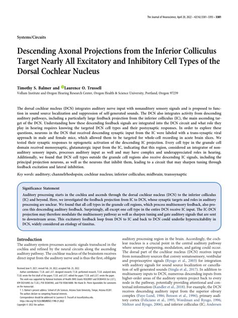 Pdf Descending Axonal Projections From The Inferior Colliculus Target Nearly All Excitatory