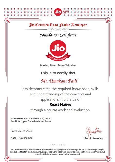 Reactnative Mobiledevelopment Certification Jio Crossplatformapps Umakant Patil