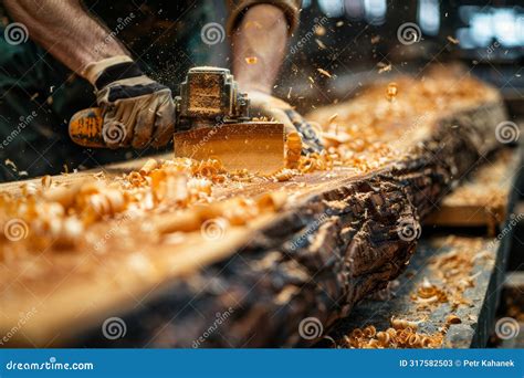 Worker Using A Planer On A Wood Plank At A Timber Mill Focusing On