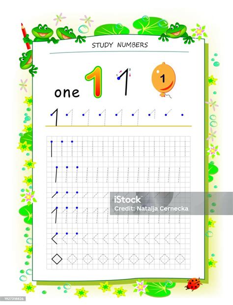 숫자 1이 있는 아이들을 위한 정사각형 종이에 교육 페이지 어린이 교과서를 위한 인쇄 가능한 워크시트 계산 쓰기 및 추적 기술 개발 아기 책 학교로 돌아 가기 벡터