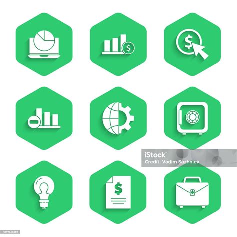 지구와 장비 계약 돈 서류 가방 금고 개념 아이디어 파이 차트 인포 그래픽 커서 동전 및 노트북 아이콘이있는 전구를 설정합니다 벡터 가방에 대한 스톡 벡터 아트 및 기타