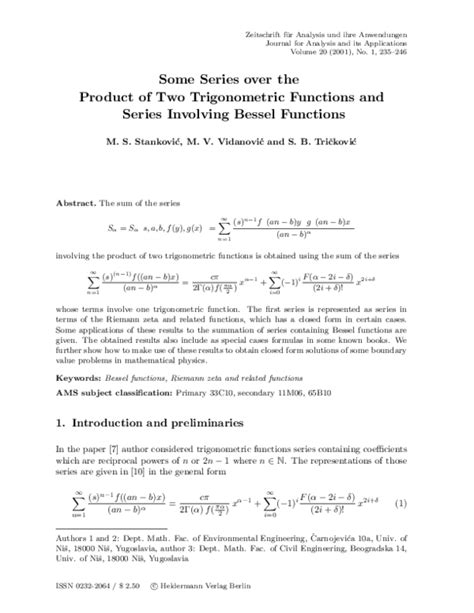 Pdf Some Series Over The Product Of Two Trigonometric Functions And Series Involving Bessel