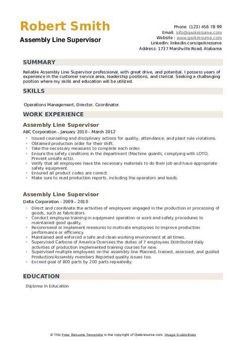 Assembly Line Supervisor Resume Samples Qwikresume