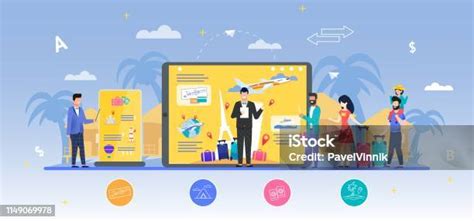 Expo Liburan Dengan Pemandu Dan Pengunjung Flat Vector Ilustrasi Stok