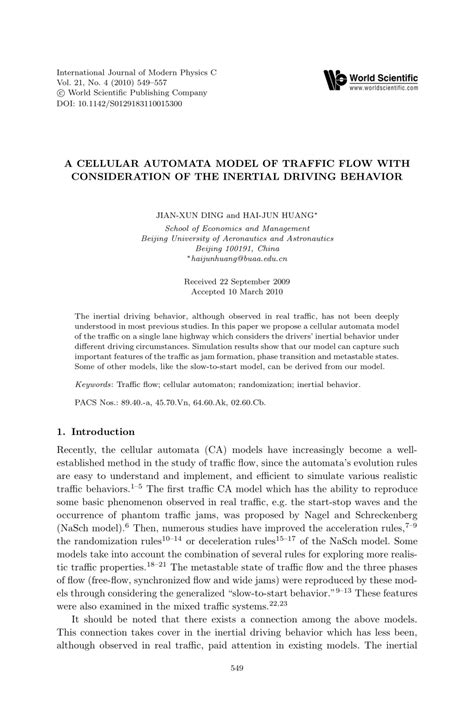 pdf a cellular automata model of traffic flow with consideration of the inertial driving behavior