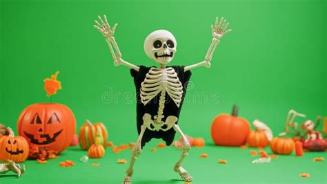 A Small Skeleton In A Black Outfit Dances Joyfully Surrounded By Halloween Decorations Stock