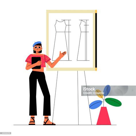 여성 패션 디자이너 보드에 드레스 패턴을 제시 패션 디자인 창의성 및 프리젠 테이션을 상징하는 평면 벡터 일러스트 레이 션 흰색 배경에 고립되어 있습니다 드레스에 대한 스톡