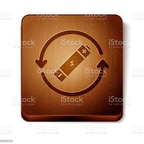 흰색 배경에 격리 된 재활용 기호 선 아이콘이있는 갈색 배터리 재활용 기호 배터리 재생 에너지 개념 나무 사각형 버튼입니다 벡터 일러스트레이션 0명에 대한 스톡 벡터 아트