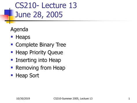 Cs210 Lecture 13 June 28 2005 Agenda Heaps Complete Binary Tree Ppt