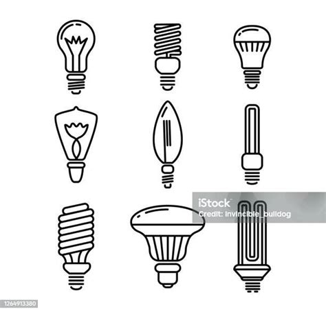 흰색 배경에 격리 된 다양한 모양 아이콘의 전구 세트입니다 흑백 아이디어 표지판 조명 전기 램프 개체 그룹에 대한 스톡 벡터