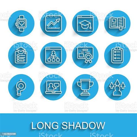 세트 라인 호루라기 온라인 교육 스마트 시계 수상 컵 프론트 엔드 개발 할 일 목록 또는 계획 및 인증서 템플릿 아이콘 벡터 개념에 대한 스톡 벡터 아트 및 기타 이미지