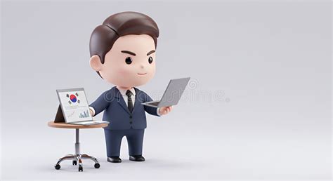 3d Rendered Chibi Businessman Reviewing Data On Laptop And Tablet Stock Illustration